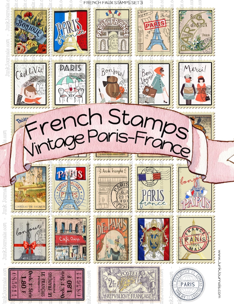 BEAUTIFUL FRENCH STAMPS Vintage Faux Junk Journal Ephemera Postmarked ...