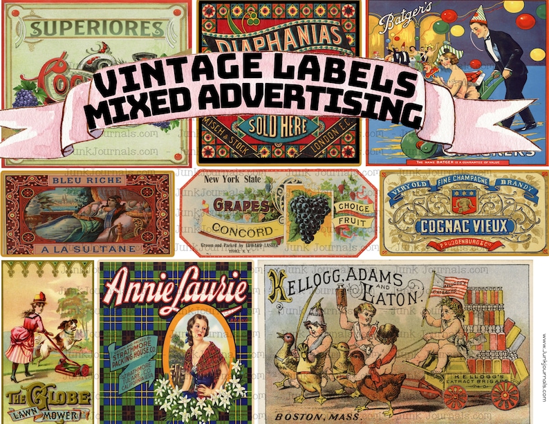 100 VINTAGE ADVERTISING LABELS Mixed Ephemera Beautiful Printable ...