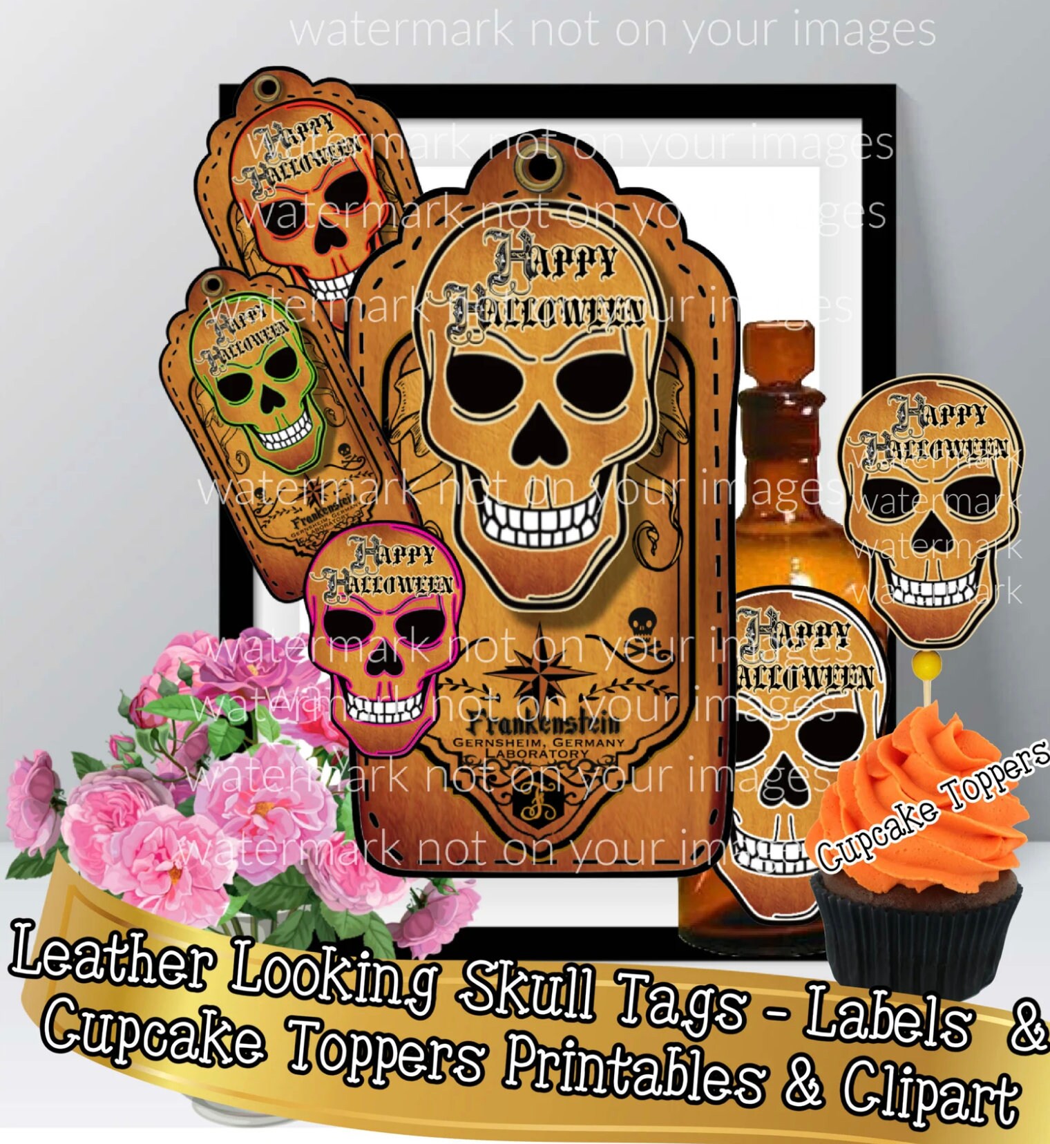 179 HALLOWEEN SKULLS PRINTABLE & Clip Art Images Leather Look Tags ...