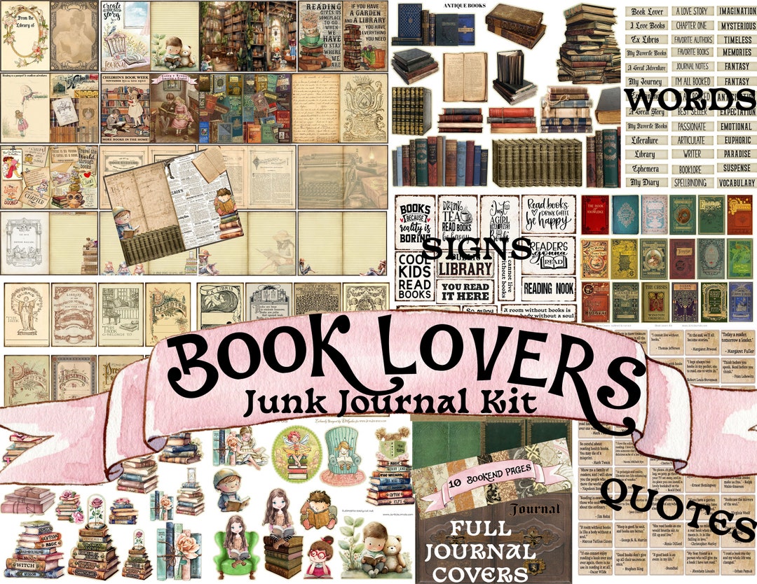 BOOK LOVERS JOURNAL Printable Digital Kit 61 Pages Ephemera Pockets ...