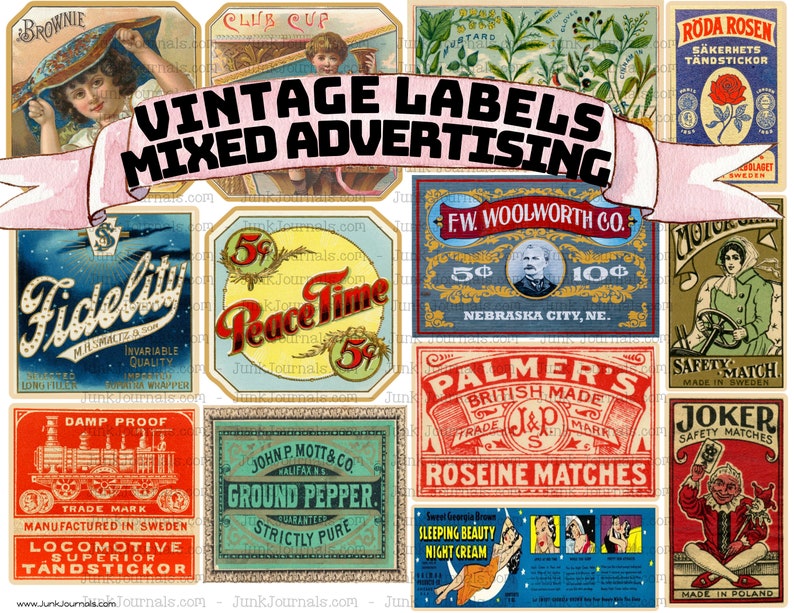 100 VINTAGE ADVERTISING LABELS Mixed Ephemera Beautiful Printable ...