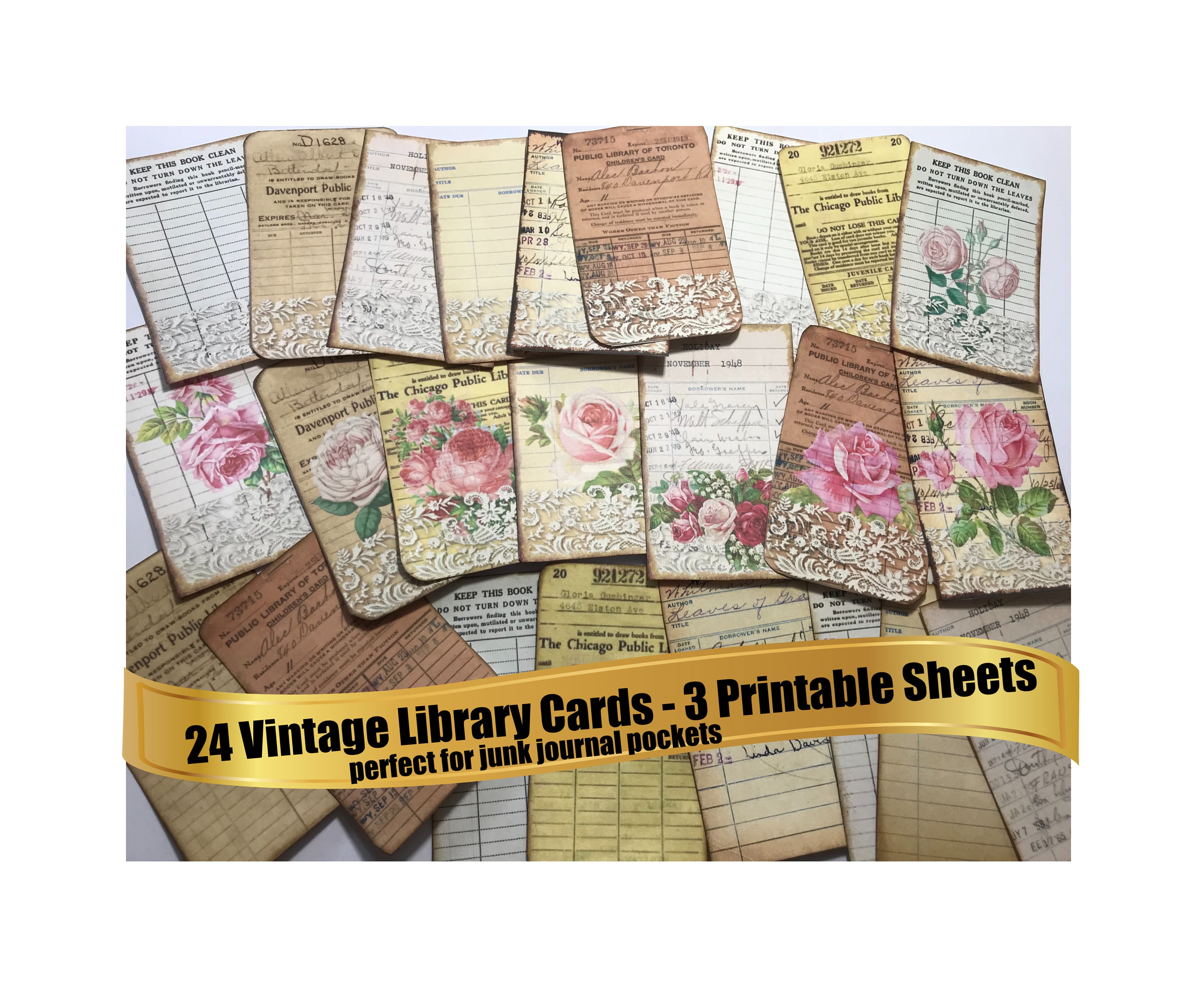 24 LIBRARY CARDS 3 Vintage Printable Ephemera Sets Plain, Lace ...