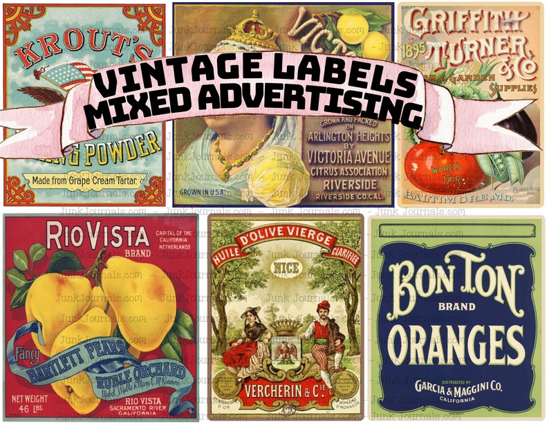 100 VINTAGE ADVERTISING LABELS Mixed Ephemera Beautiful Printable ...
