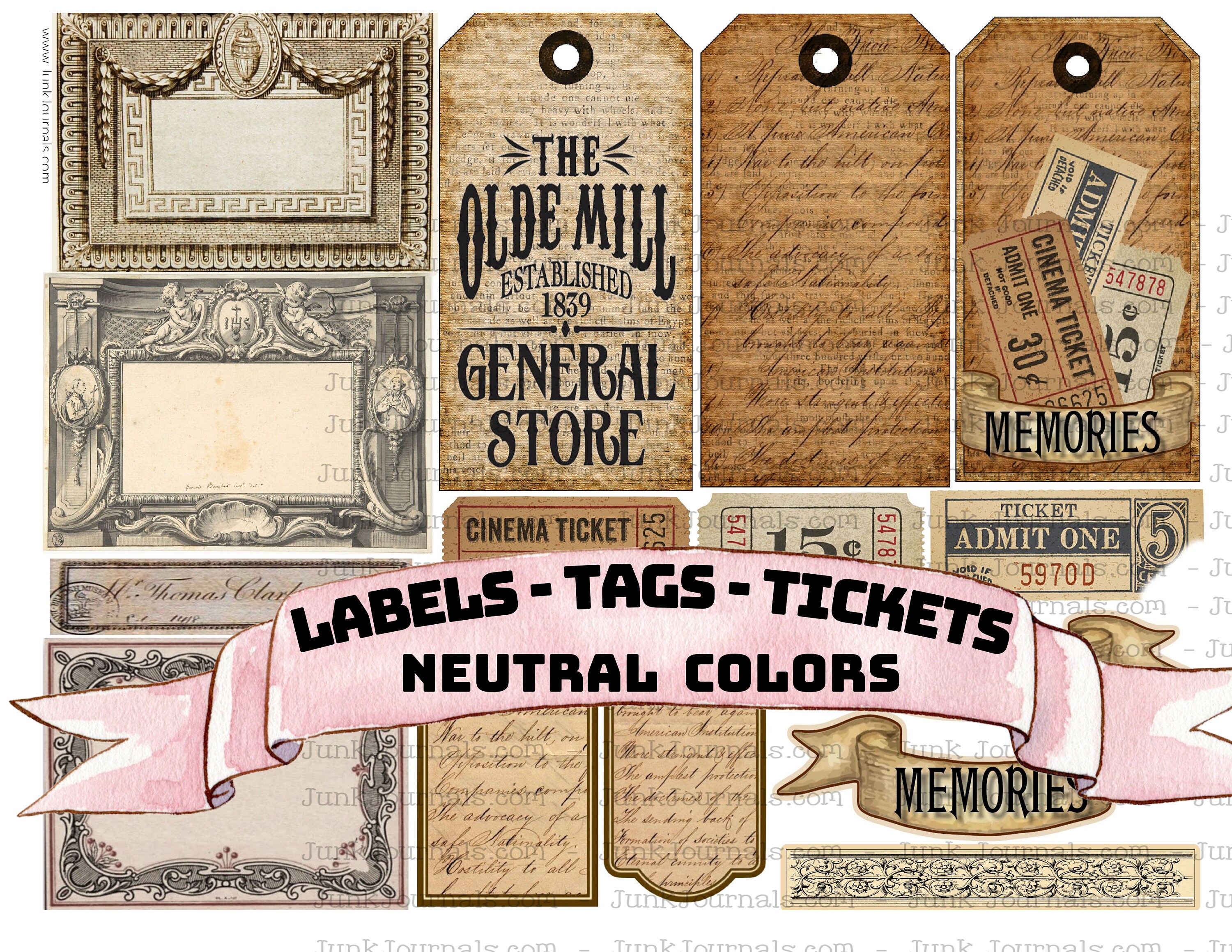 NEUTRALS EPHEMERA SCRAP Pack Old Labels Printable in Jpg, Junk Journal ...