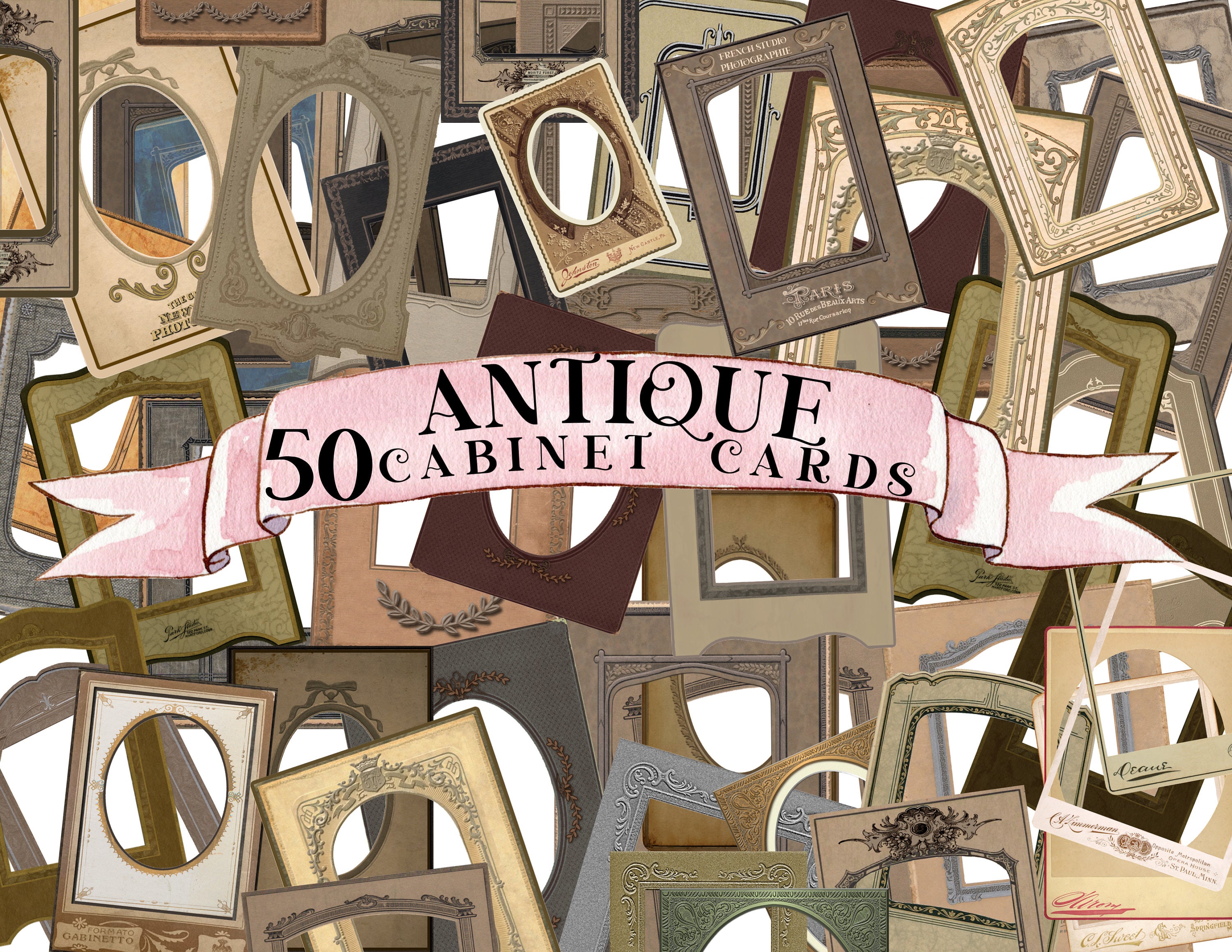 50 ANTIQUE CABINET CARD Frames Vintage Ephemera Transparent Background ...