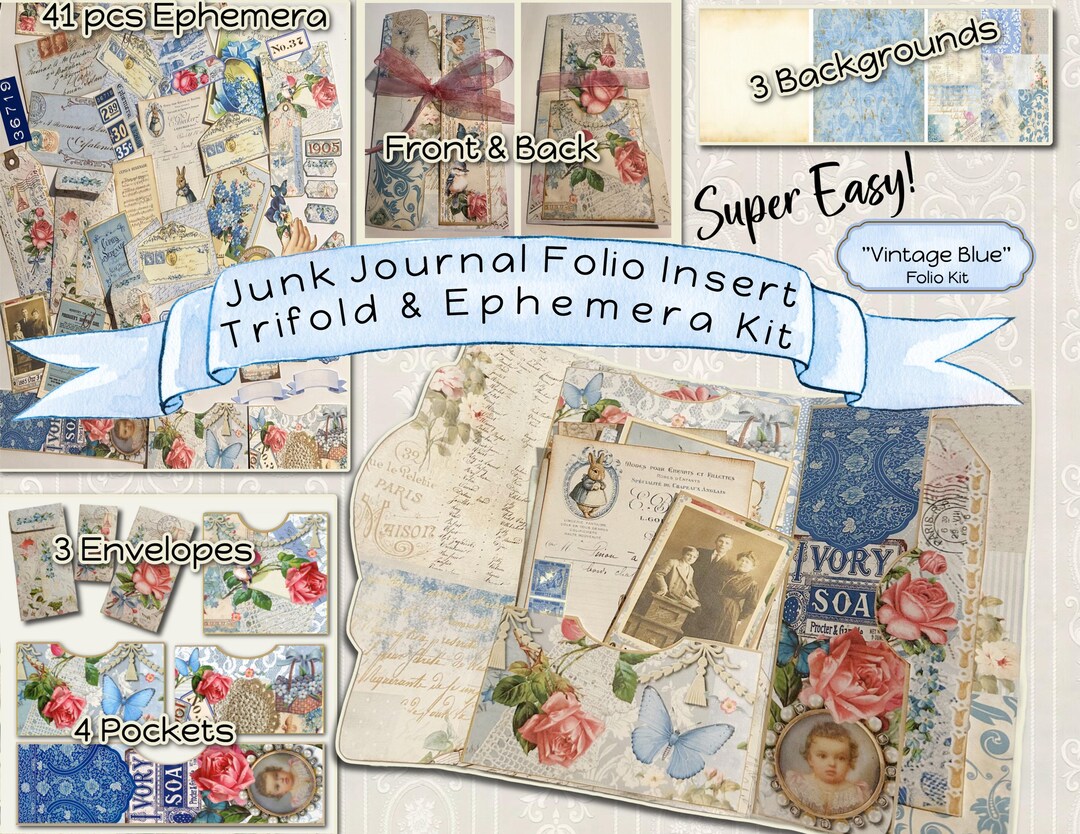 EASY TRIFOLD FOLIO Junk Journal Insert Vintage Blue Digital Kit Loaded Pockets Ephemera Bundle ...