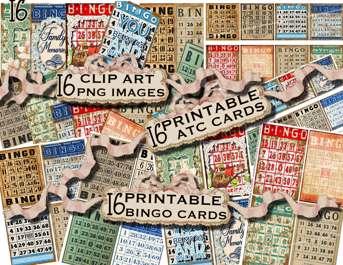 16 Vintage BINGO CARDS Antique Grunge Rusty Old Digital Printables With ...
