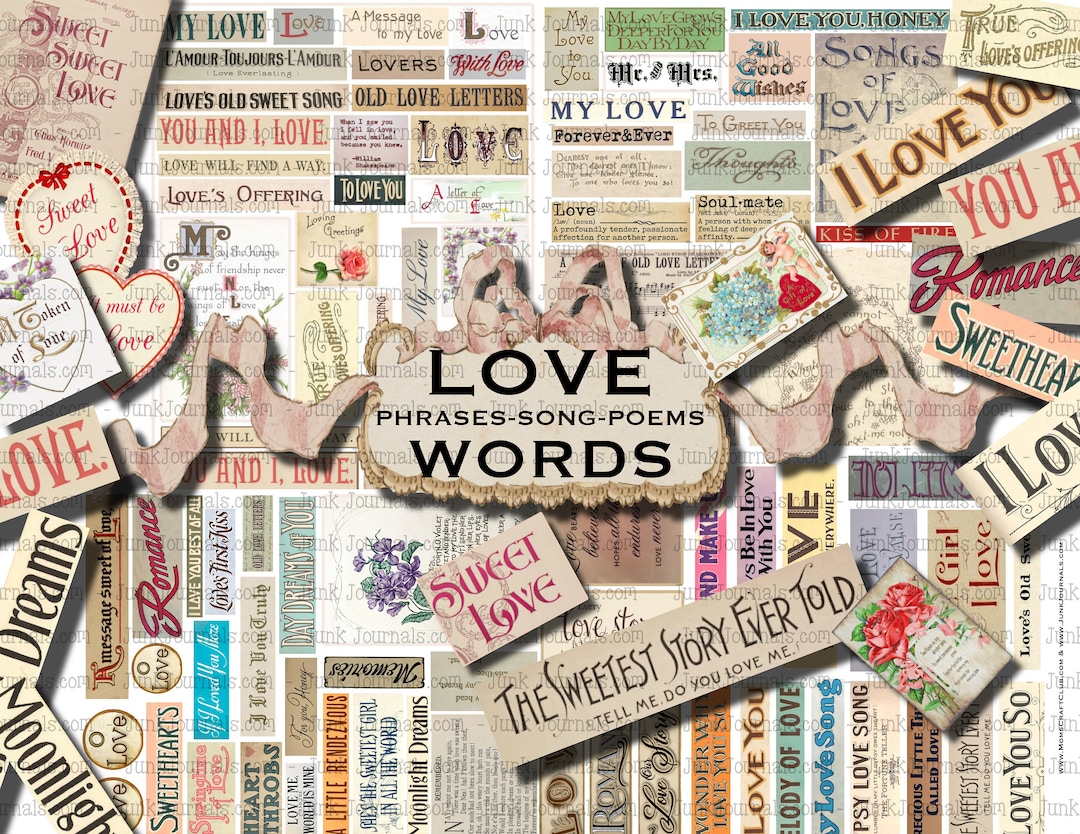 100 LOVE ROMANCE WORDS Printables & Pngs Words Phrases, Ephemera Bundle ...