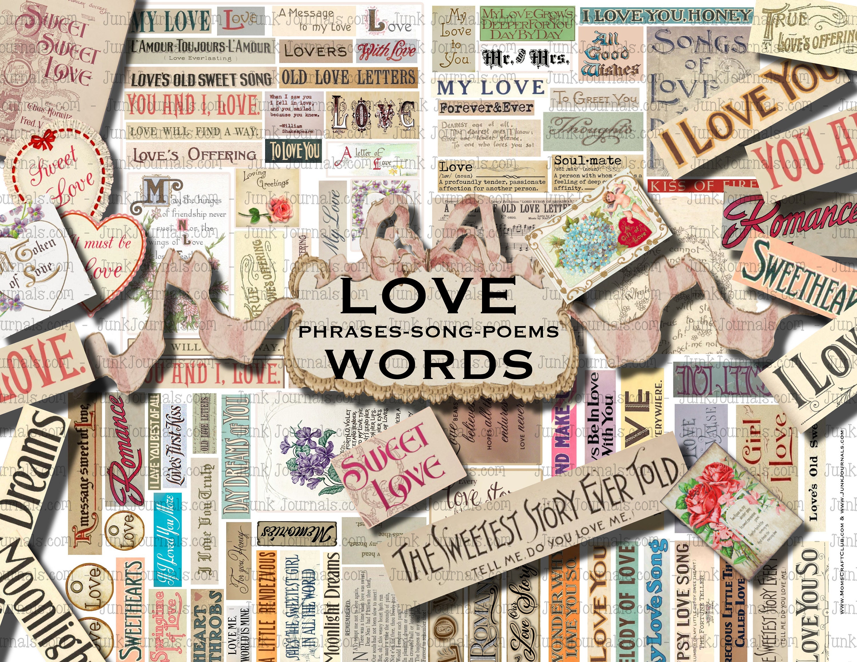 100 LOVE ROMANCE WORDS Printables & Pngs Words Phrases, Ephemera Bundle ...