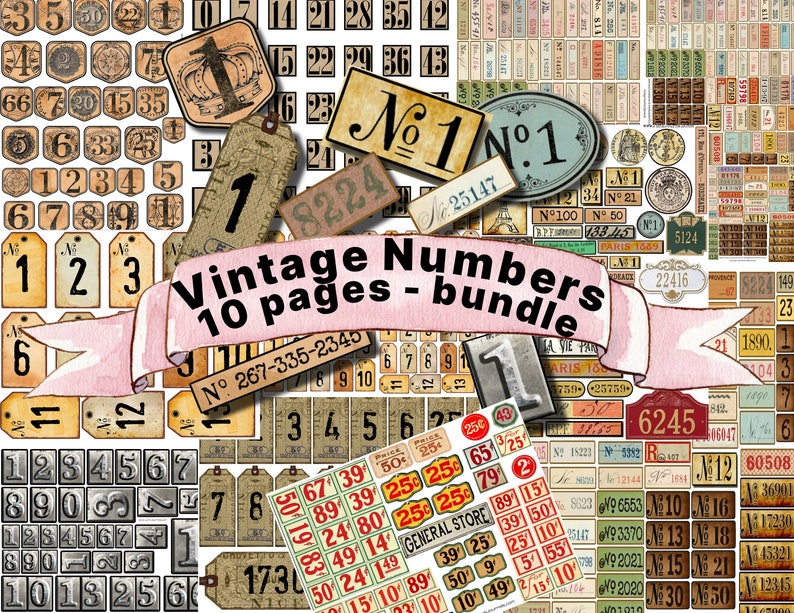 VINTAGE NUMBERS BUNDLE Printable, Digital, Stamped, Metal, Postal ...