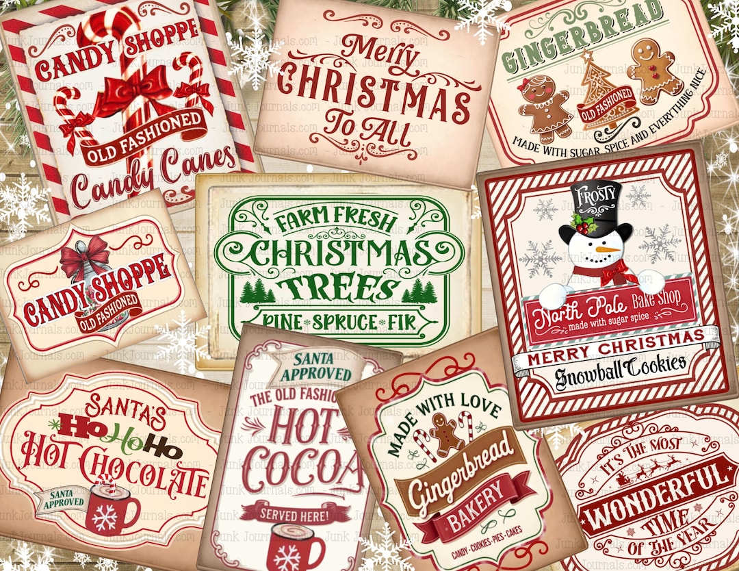 CHRISTMAS BAKERY LABELS Vintage Signs Frosty, Hot Cocoa, Hot Chocolate ...