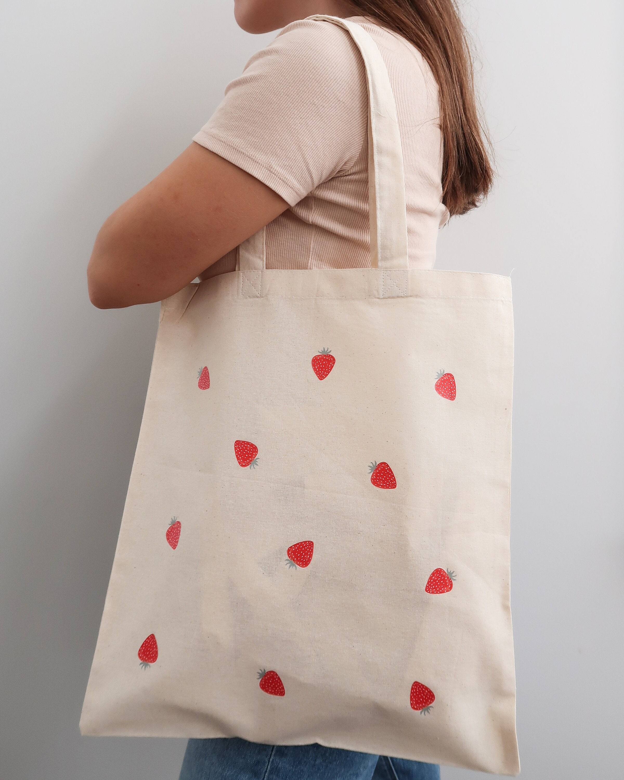 Strawberry Tote Bag, Canvas Tote Bag, Pink, Green Graphic Strawberry Tote Bag, Canvas Tote Bag, Pink, Green Graphic