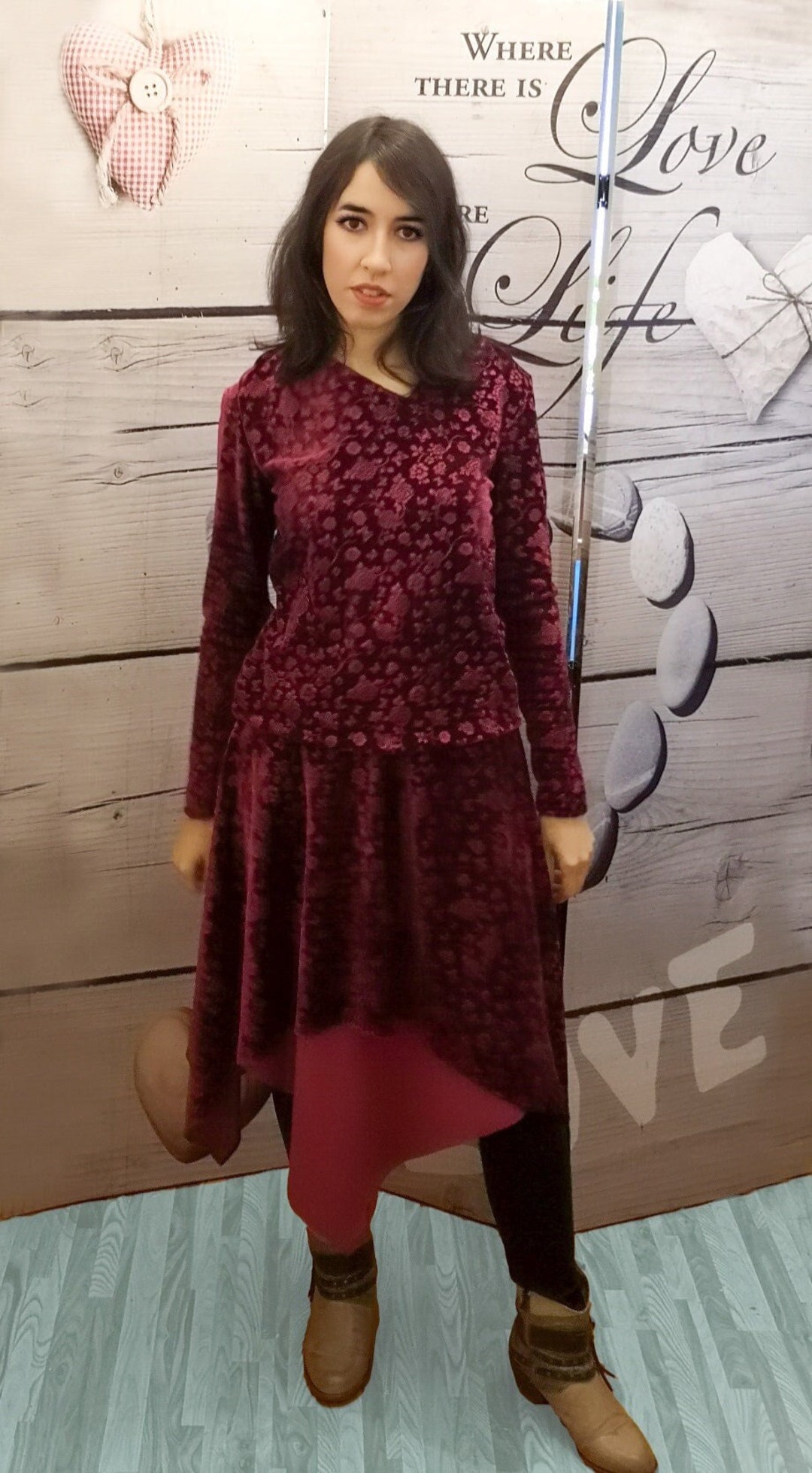 Red Velvet Two Piece Set, Floral Burnout Velvet Top and Asymmetric ...