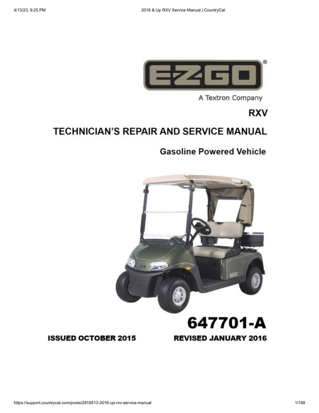 EZGO RXV Gas Service Manual | 2016-2019 | Freedom Shuttle | Immediate ...