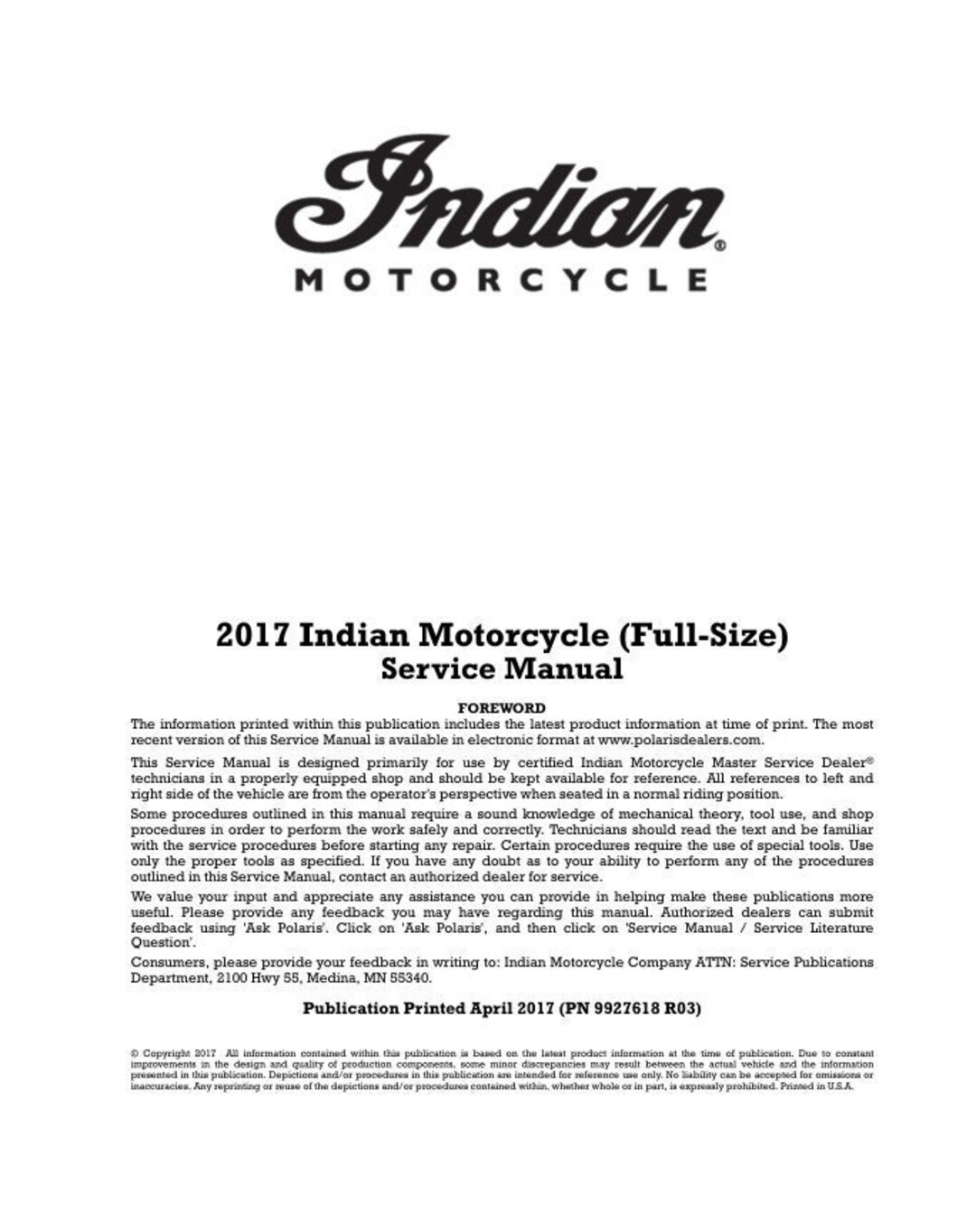 Indian Motorcycle Service Manual | 2017 Full Size | Immediate Download ...