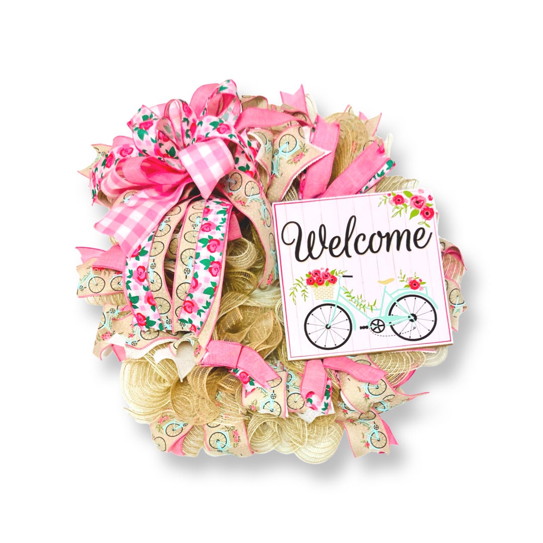 Bicycle Wreath, Pink Rose Welcome Sign, Spring Summer Wreath for Your ...