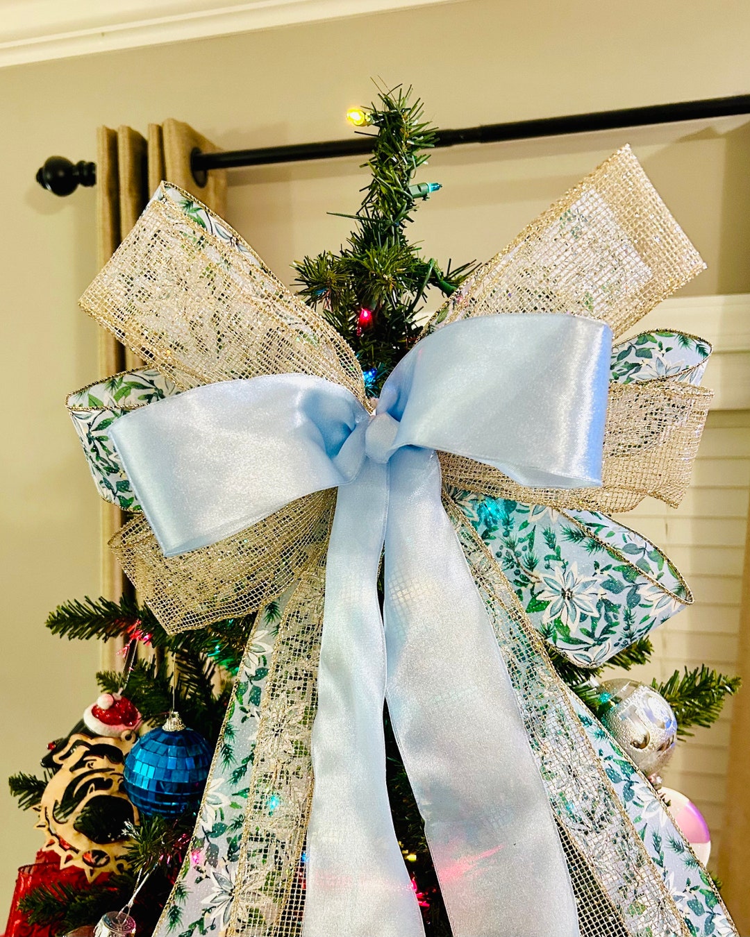 Light Blue Tree Topper Bow Gold Poinsettia Bow Luxurious Christmas Tree ...