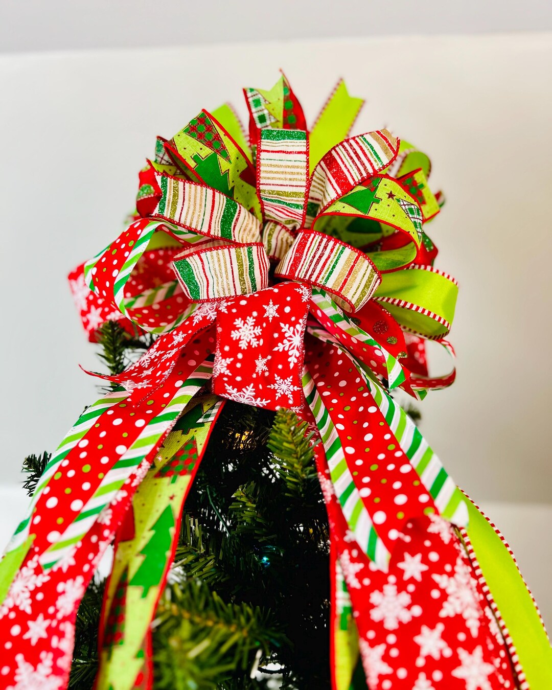Red and Green Christmas Tree Topper, Snowflake Tree Topper, Bow for ...