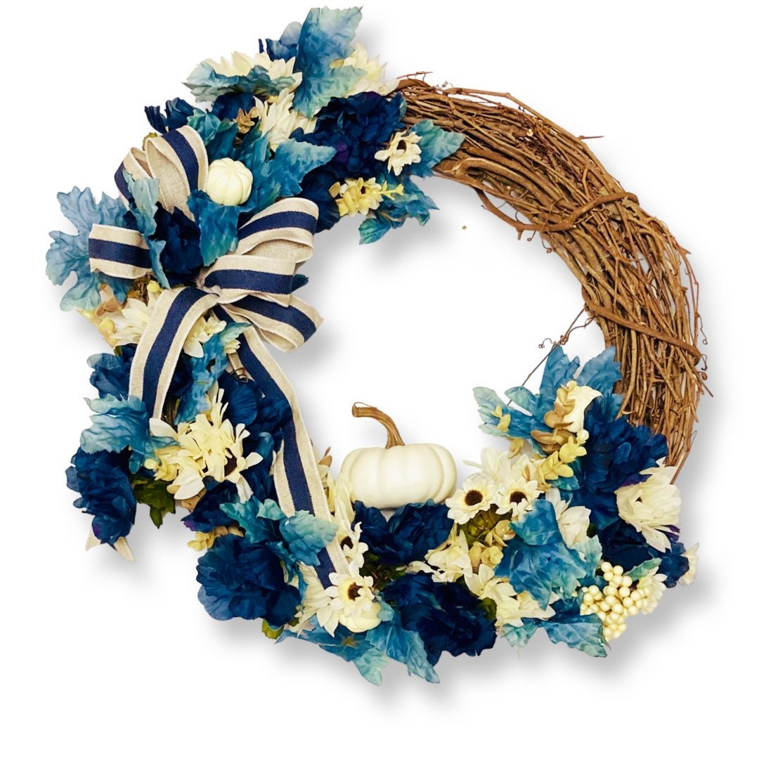 Blue Farmhouse Wall Decor, Modern Farmhouse Fall Wreath, Blue and White ...