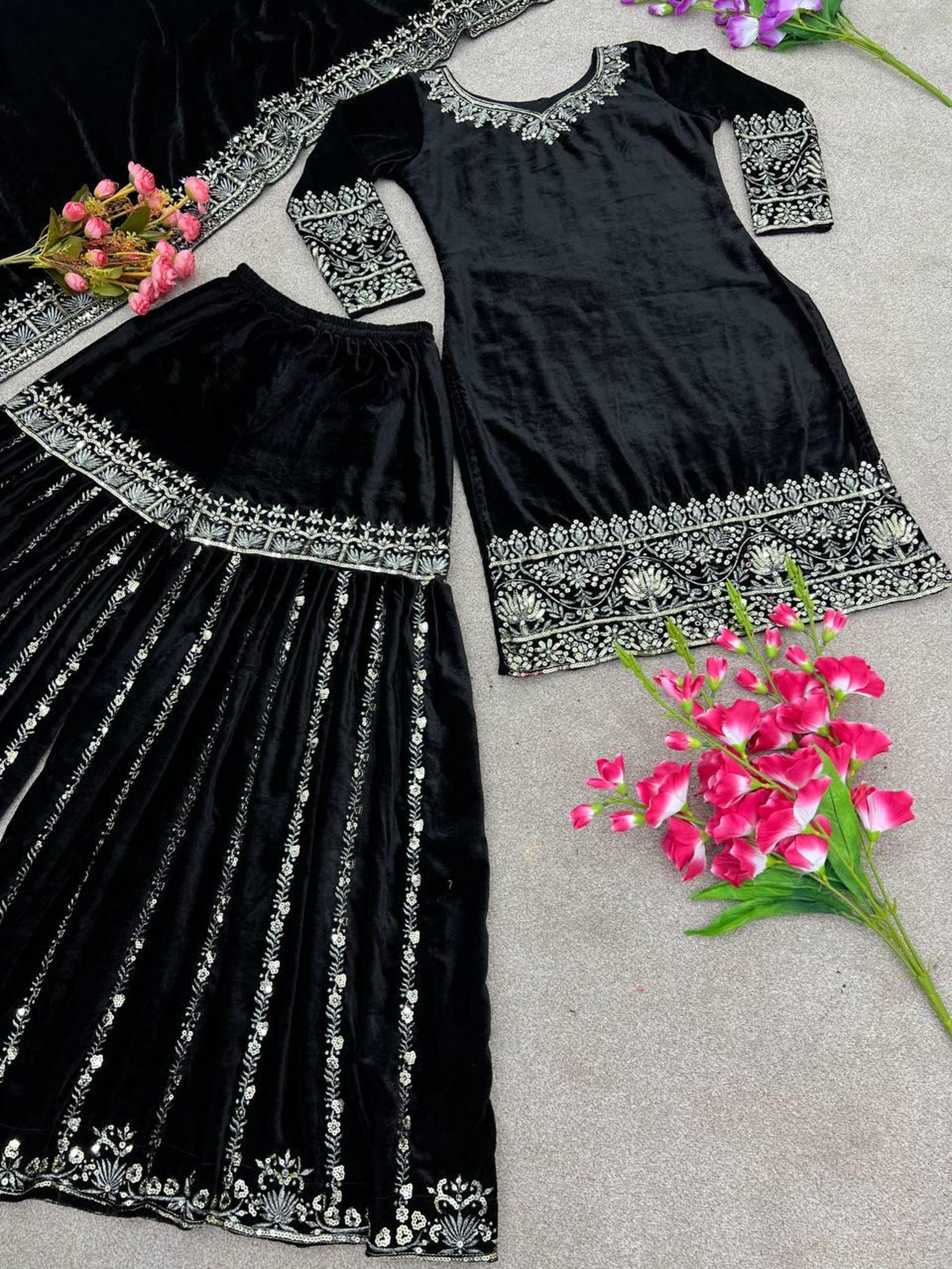 Black Sharara Suit for Women, Velvet Made Sequin Embroidered Sharara, Indian Pakistani Ethnic ...
