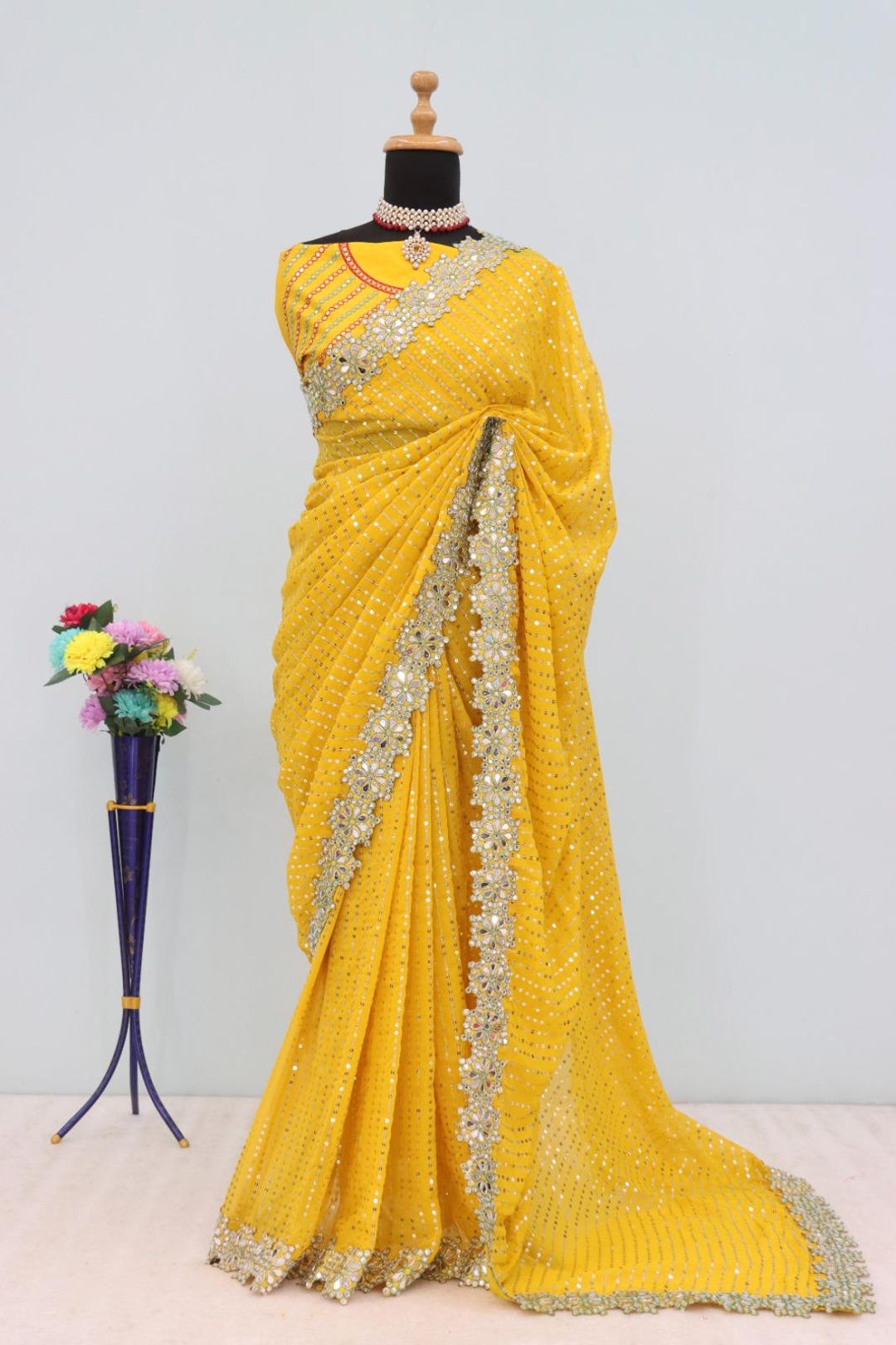Stunning Yellow Georgette Saree With Sequins Thread Embroidery and ...