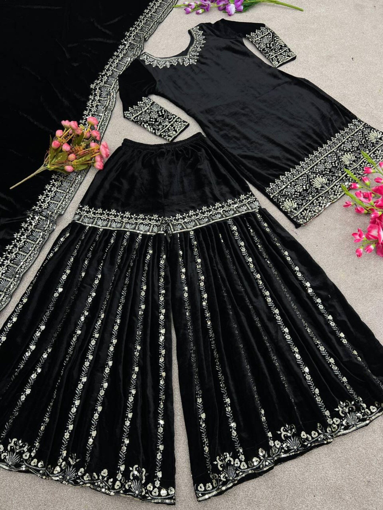 Black Sharara Suit for Women, Velvet Made Sequin Embroidered Sharara, Indian Pakistani Ethnic ...
