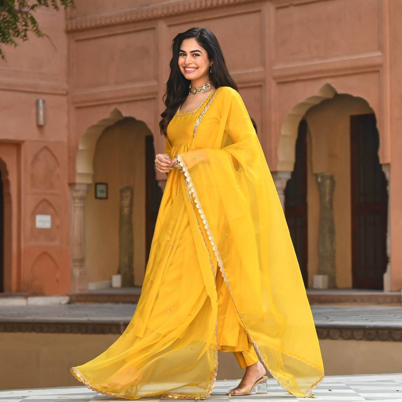 Yellow Haldi Wear Gown for Women, Silk Made Gown With Lace Border ...