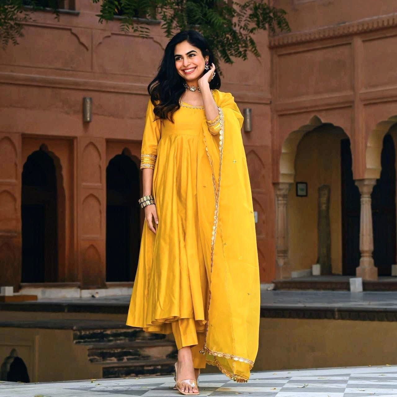 Yellow Haldi Wear Gown for Women, Silk Made Gown With Lace Border ...