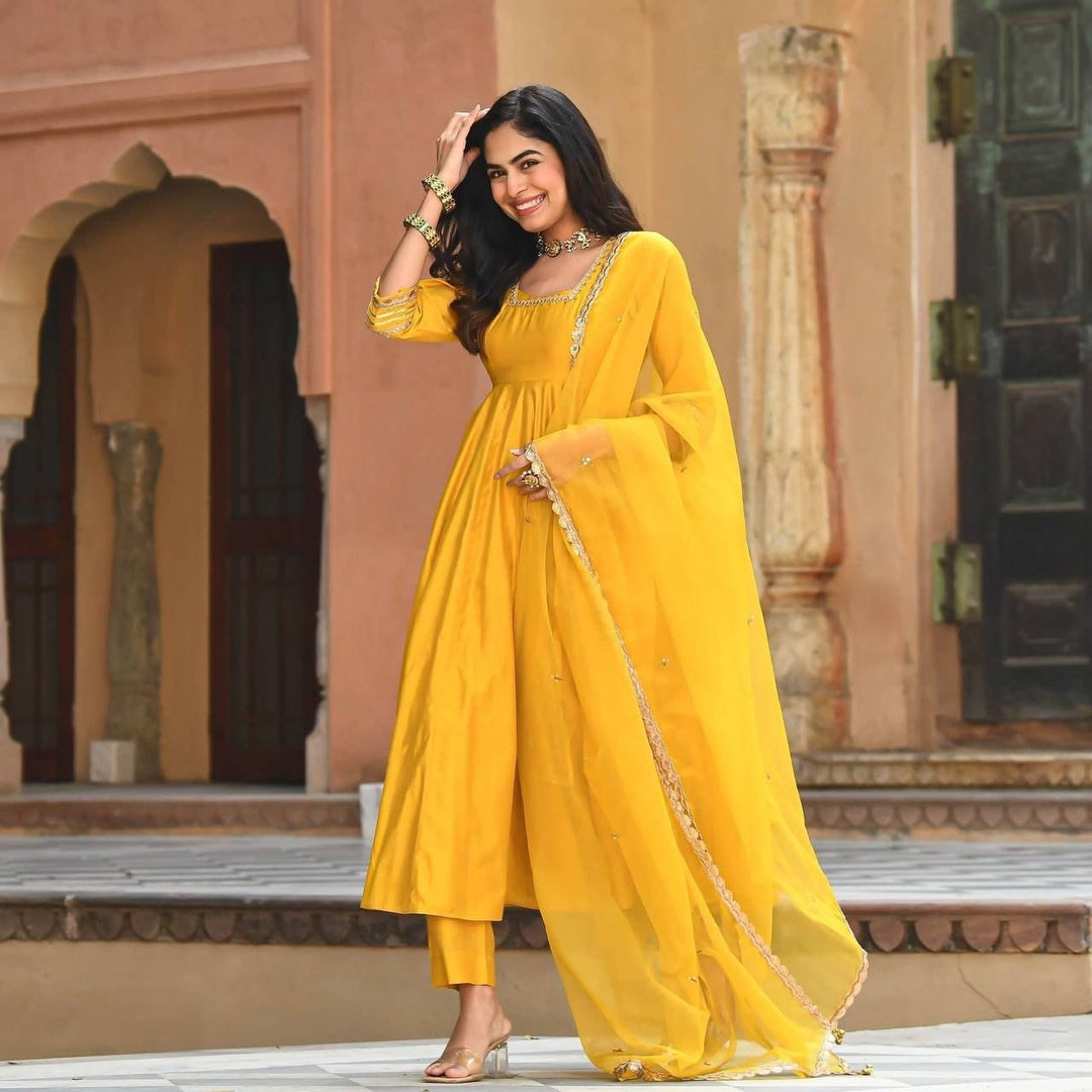Yellow Haldi Wear Gown for Women, Silk Made Gown With Lace Border ...