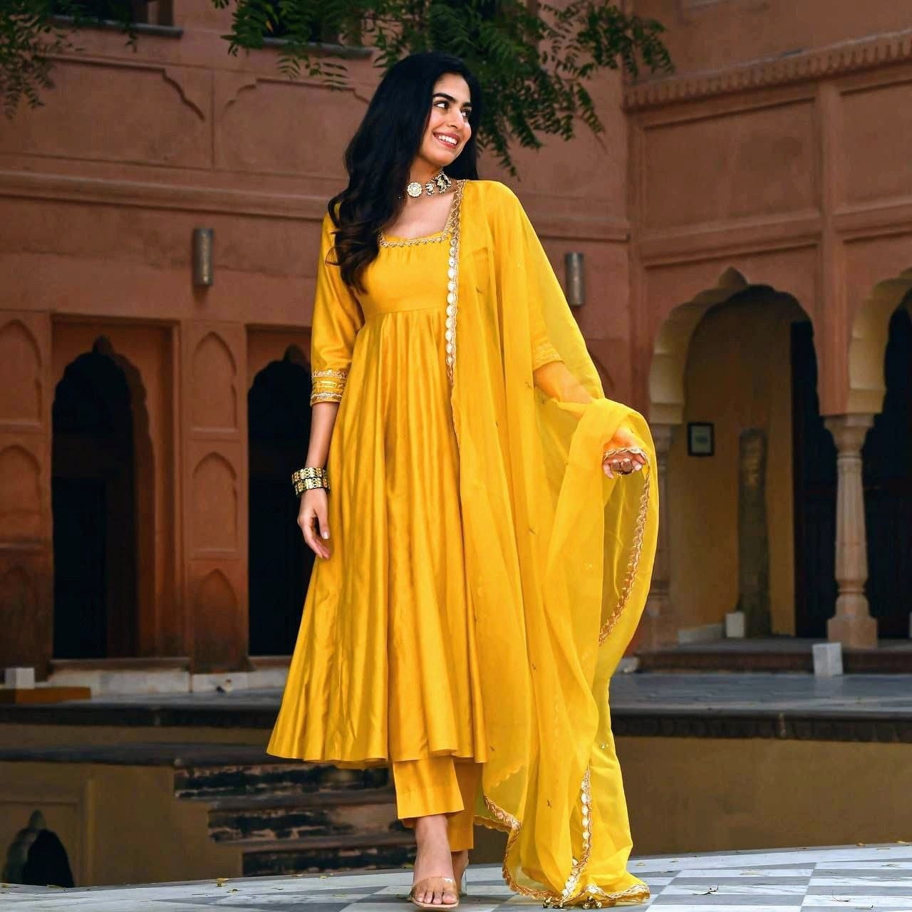 Yellow Haldi Wear Gown for Women, Silk Made Gown With Lace Border ...