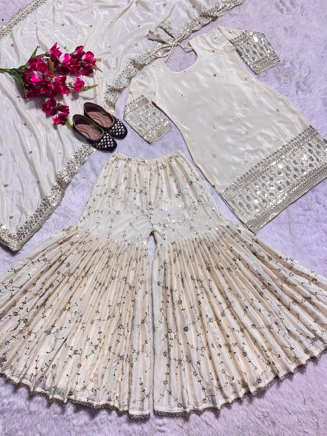 Beautiful Sharara Suit for Women, Chinon Silk Sequin Embroidered ...