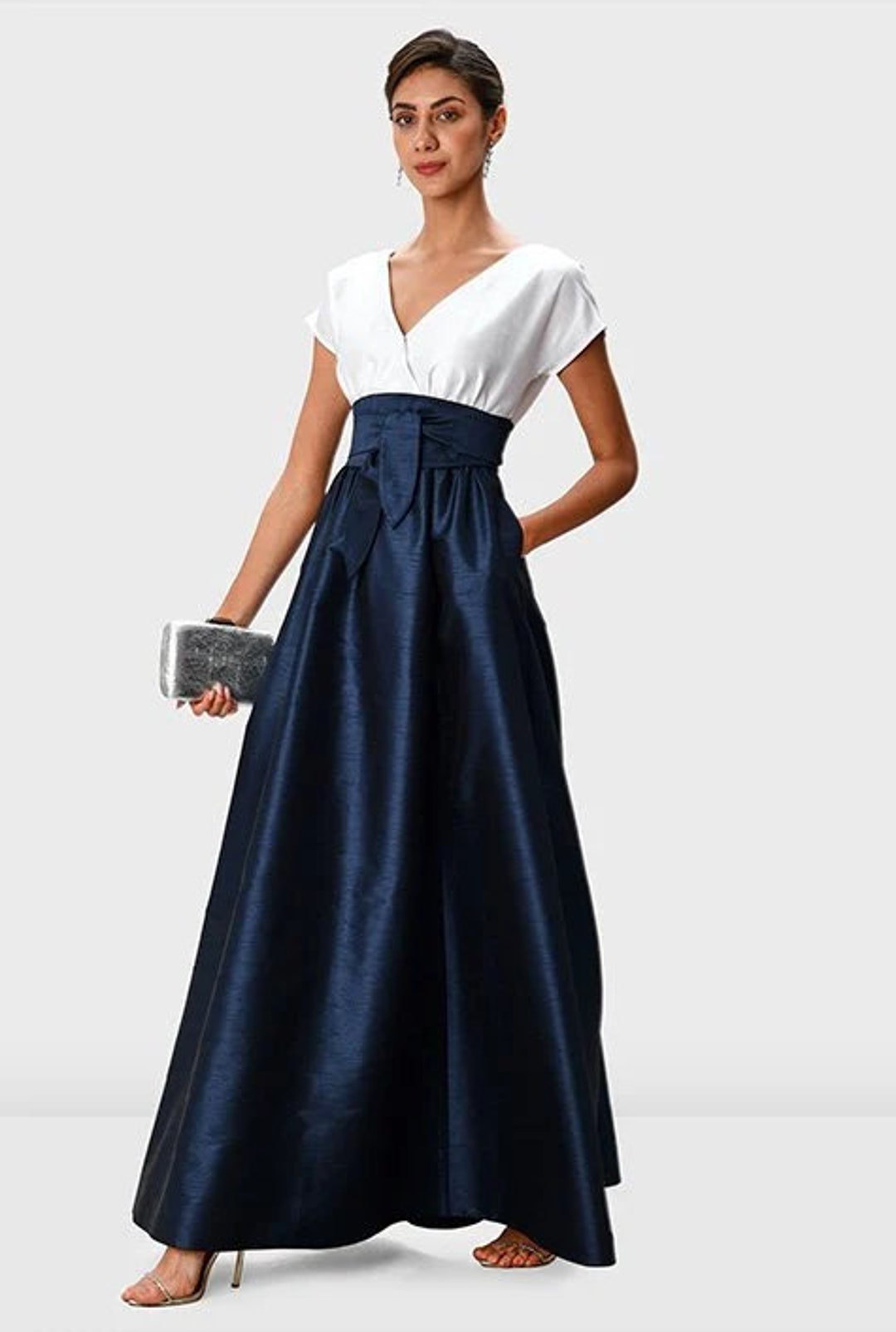 Navy Blue/black Silk V Neck Cap Sleeve Maxi Dress With Waist Belt ...