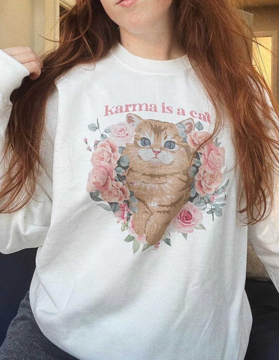 The ORIGINAL Coquette Girlie Style Karma Cat Crewneck Sweatshirt Floral ...