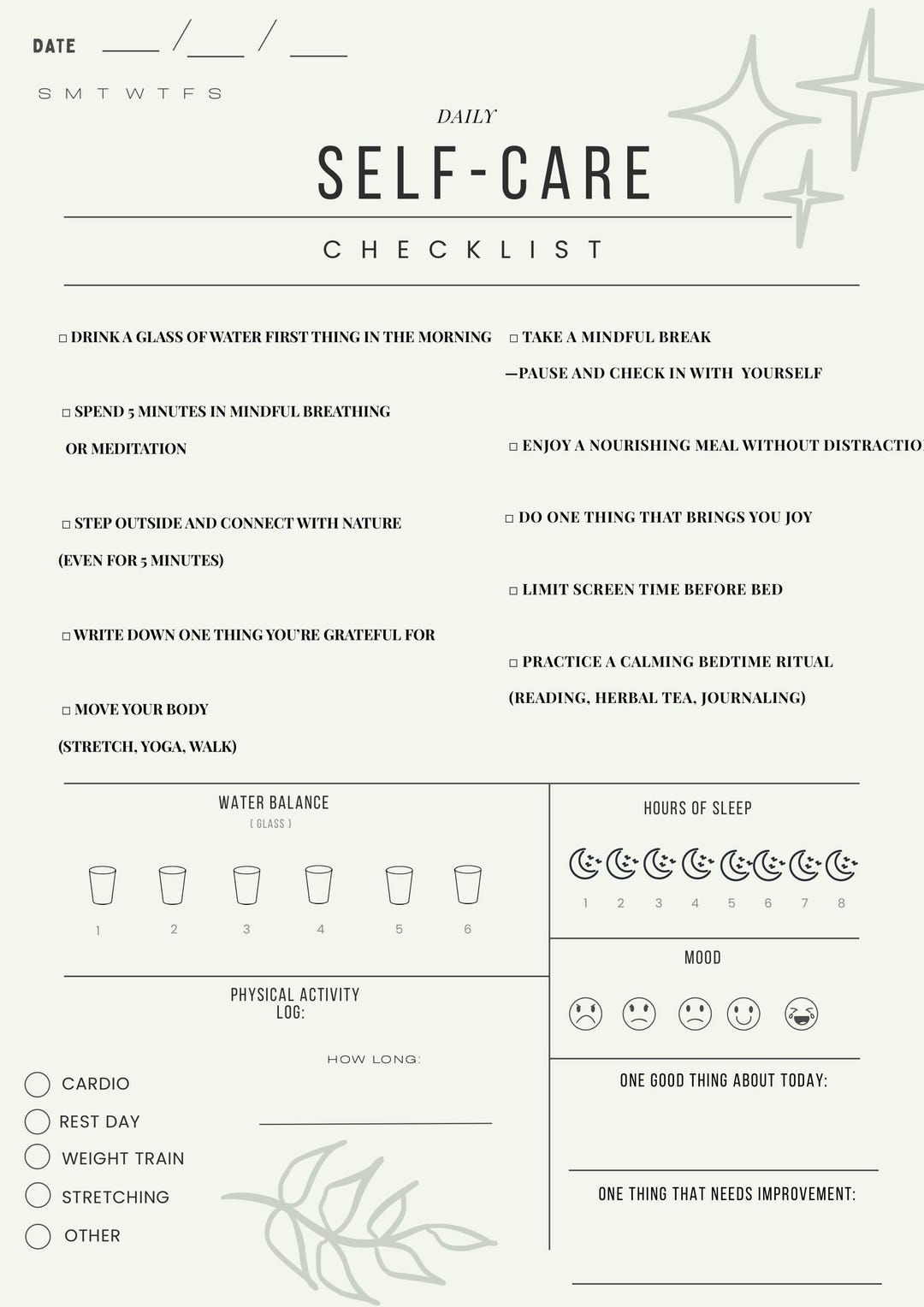 Self-care Checklist | Daily Wellness Printable - Etsy