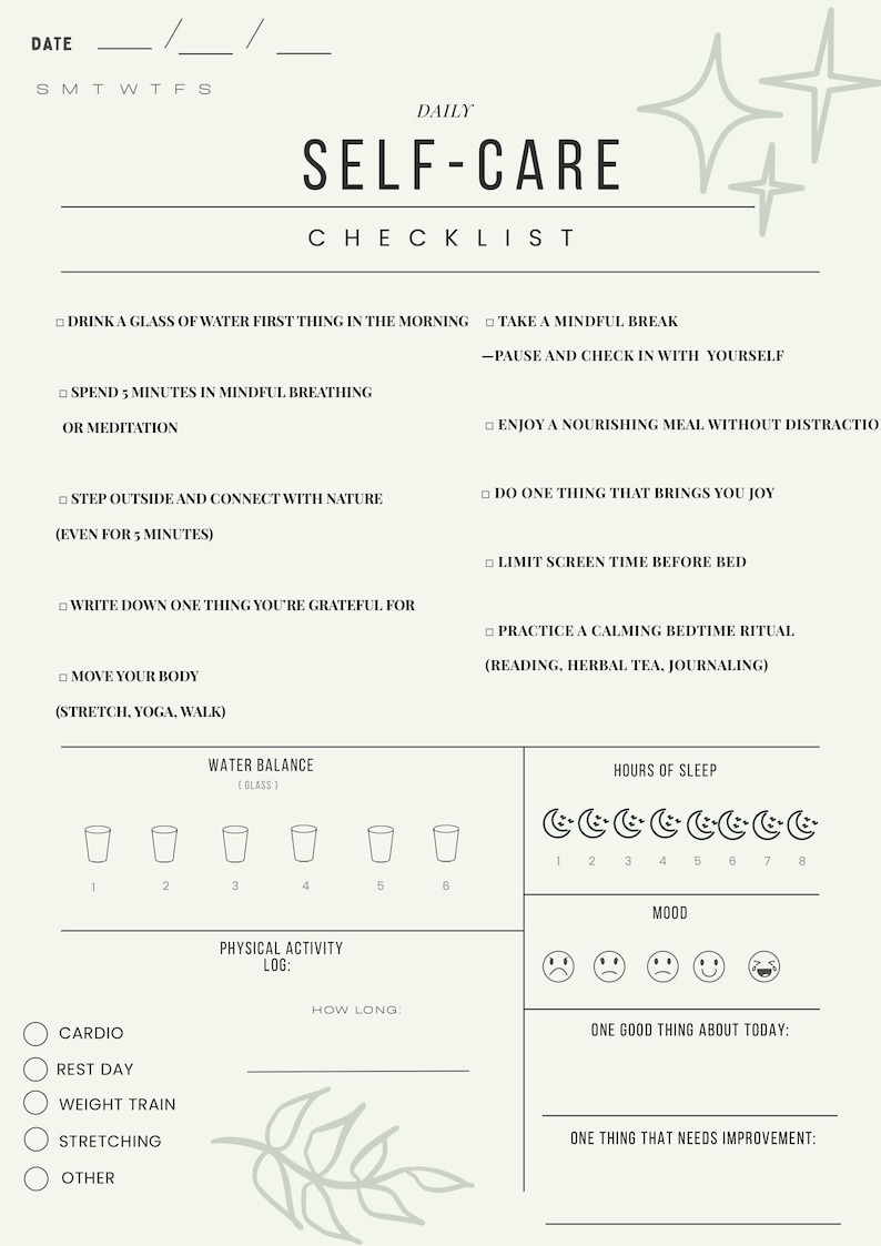 Self-care Checklist | Daily Wellness Printable - Etsy