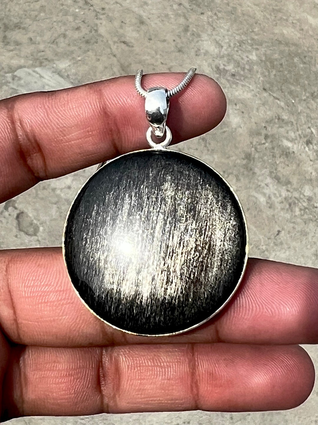 Large Round Obsidian Pendant 925 Sterling Silver Natural SILVER SHEEN ...