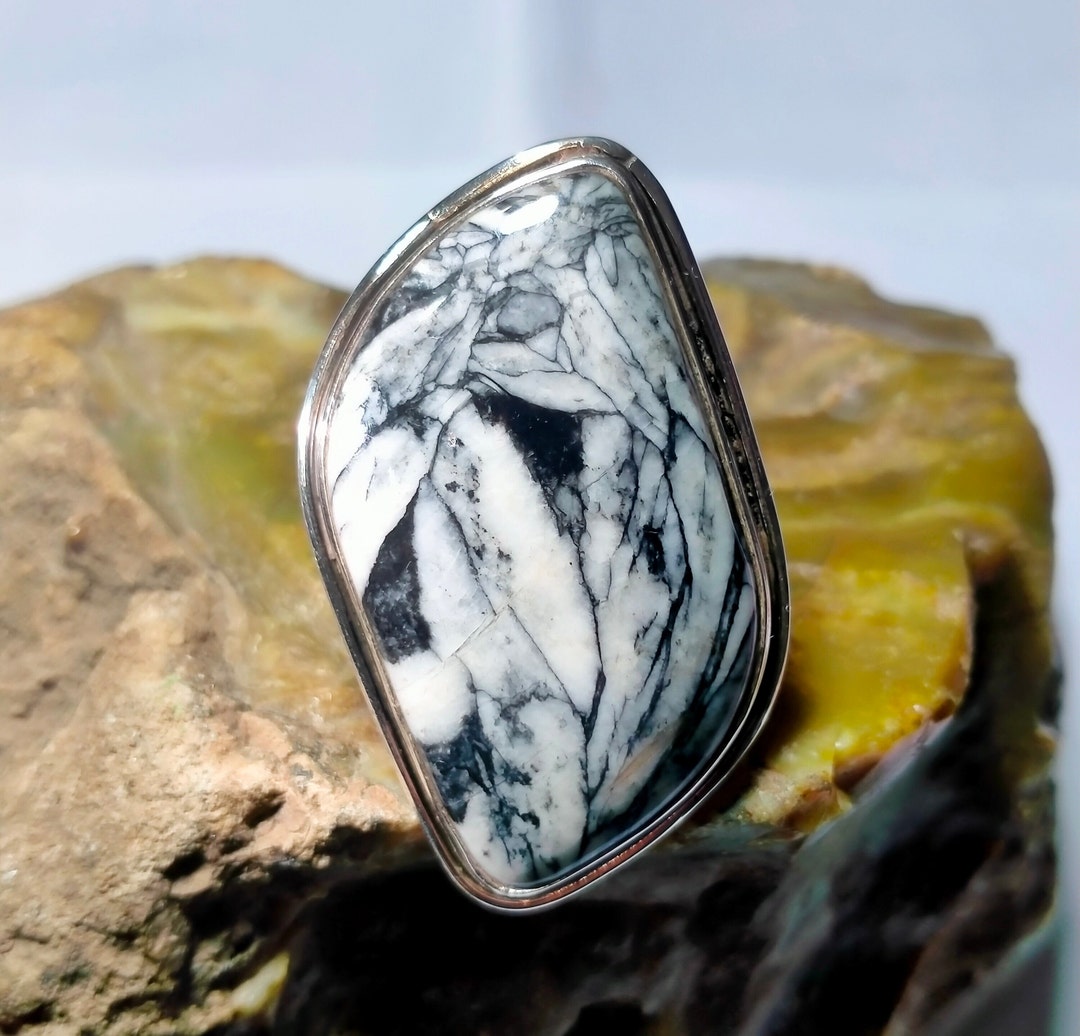 Pinolith Jasper Ring 925 Sterling Silver Ring Pale Black White Stone ...