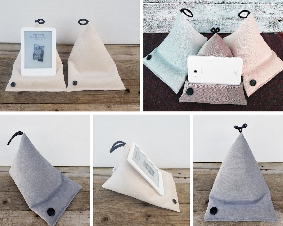 Handmade Fabric Tablet Pillow Stand: Blue Ecru Grey Beanbag - Etsy