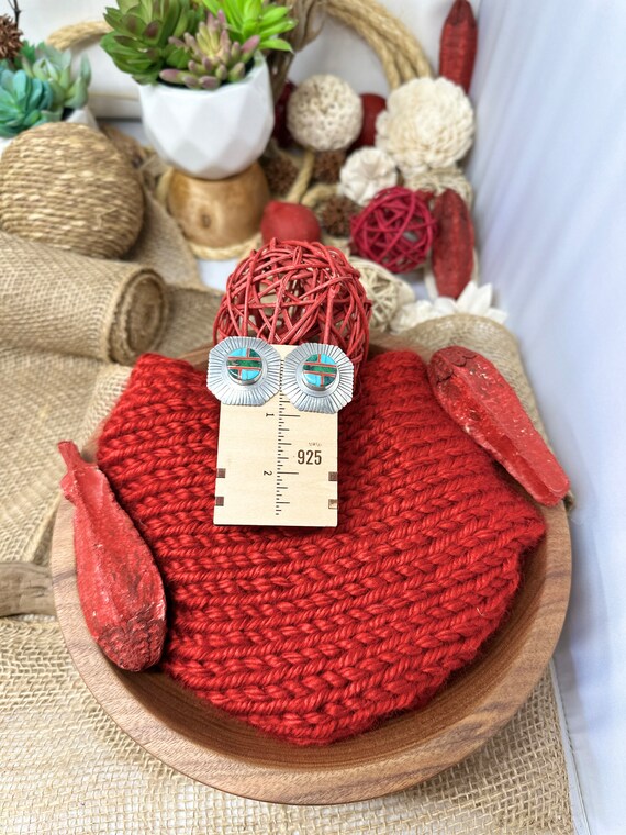 Octagon Concho blue, green red Sterling Earrings 925… - Gem