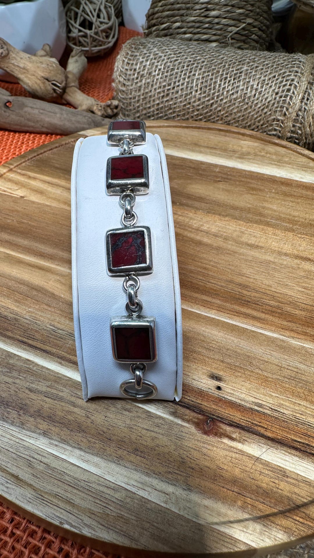 ATI Red & Black Stone Silver Square Link Bracelet - Etsy