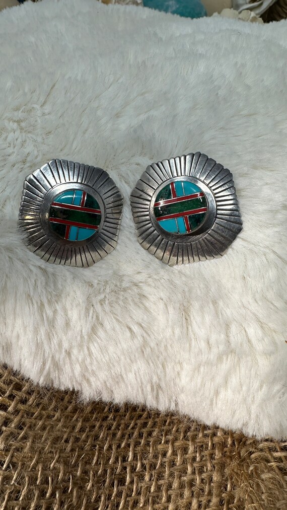 Octagon Concho blue, green red Sterling Earrings 925… - Gem