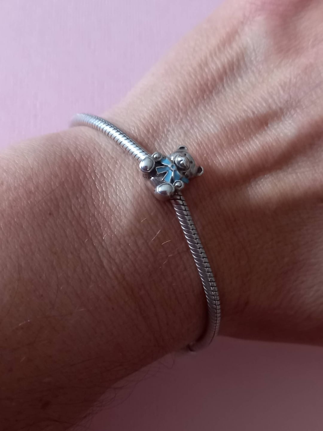 19cm Genuine Pandora Snake Bracelet With Pandora Teddy Bear With Blue ...