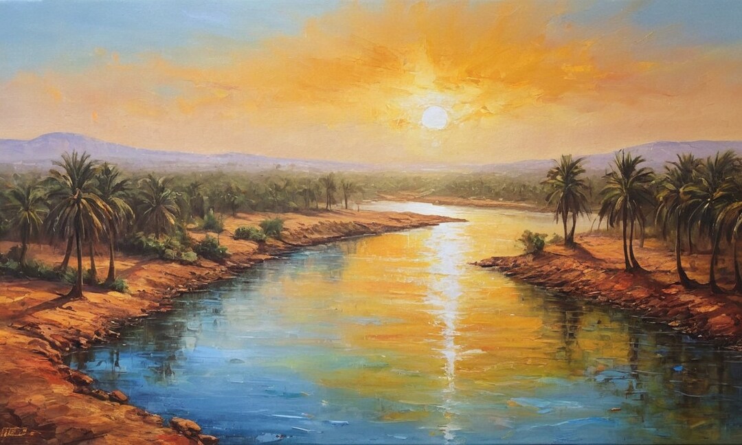 Digital Landscape Painting of the Nile River Vibrant Colors Digital Art ...