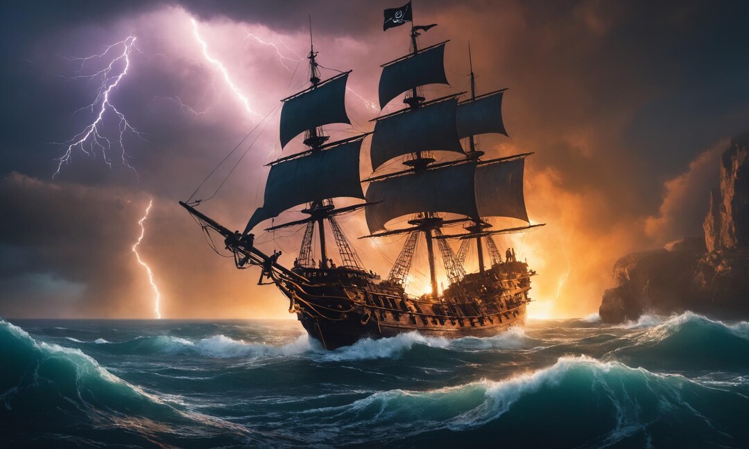 Pirate Ship in the Ocean With Lightning Striking Vibrant Colors Digital ...