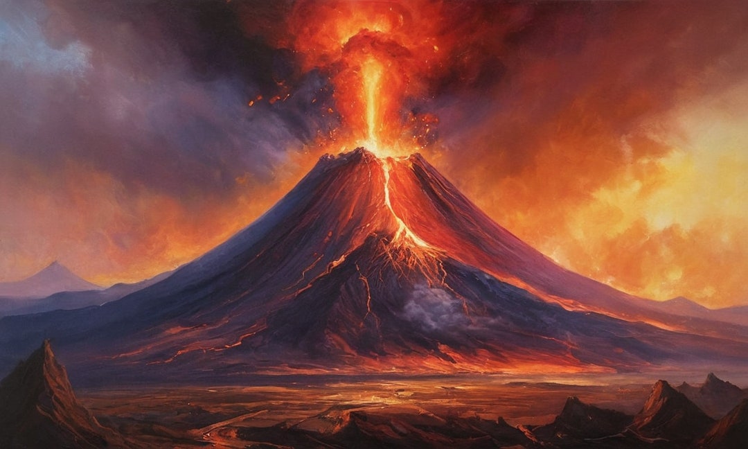 Digital Landscape Painting of a Volcano Erupting Vibrant Colors Digital ...