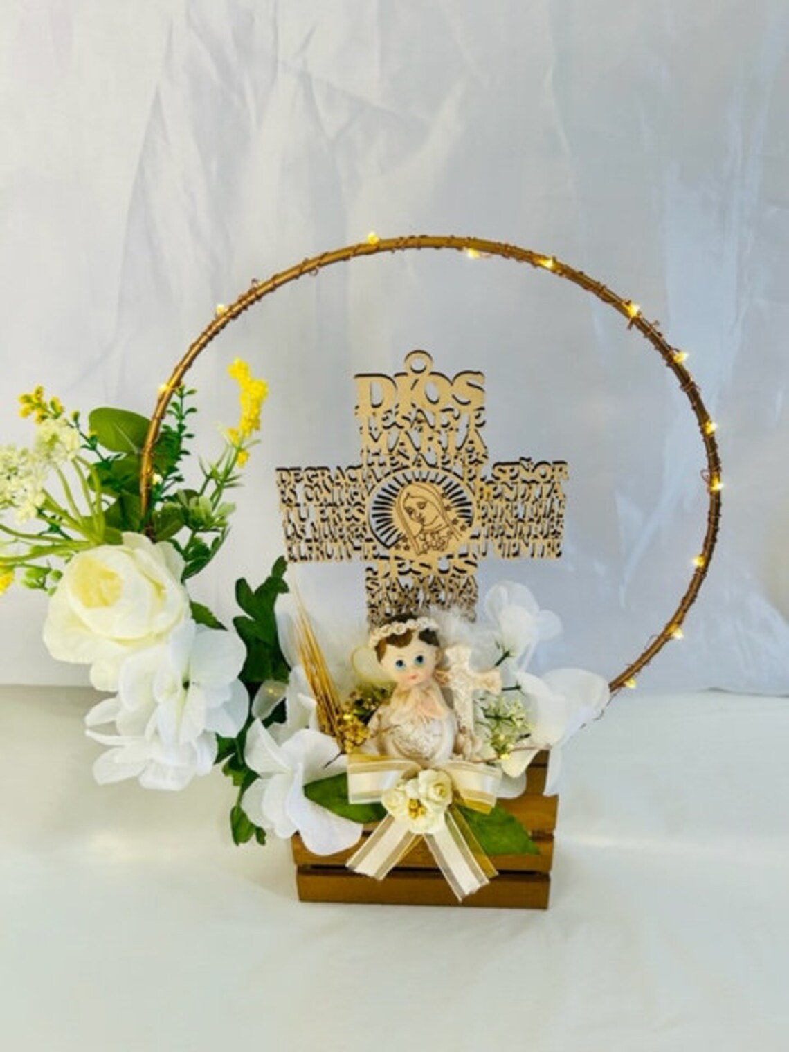 Centerpiece for Baptism or First Communion, Ring With Flowers and Light ...