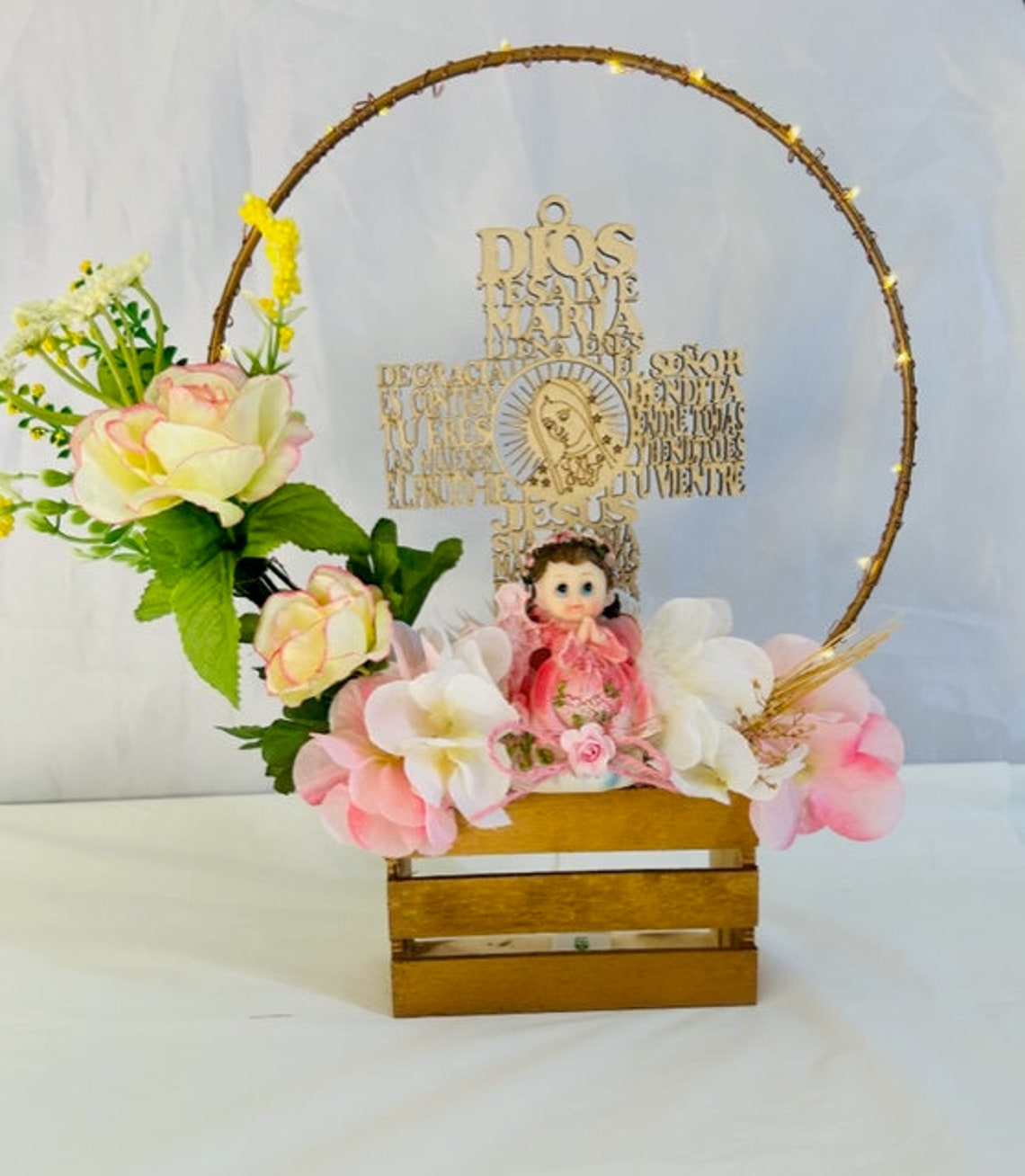 Centerpiece for Baptism or First Communion, Ring With Flowers and Light ...
