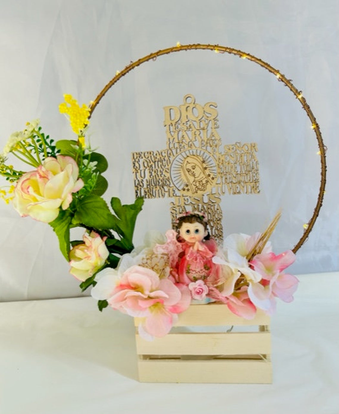 Centerpiece for Baptism or First Communion, Ring With Flowers and Light ...