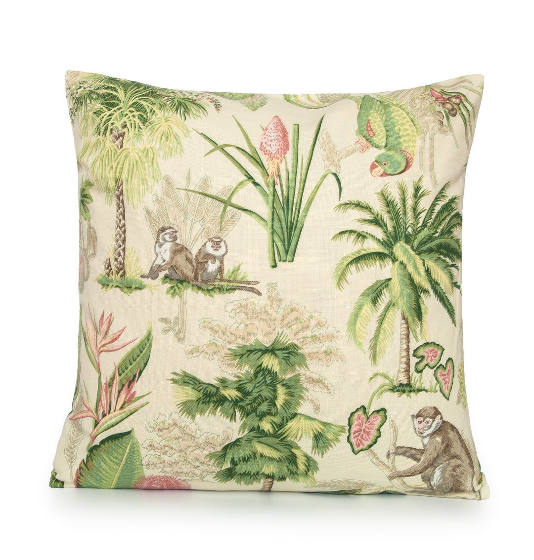 Linen Tropical Jungle, Monkeys Decorative Pillow Cover. Accent Throw Pillow, Home Decor. 12x12 ...