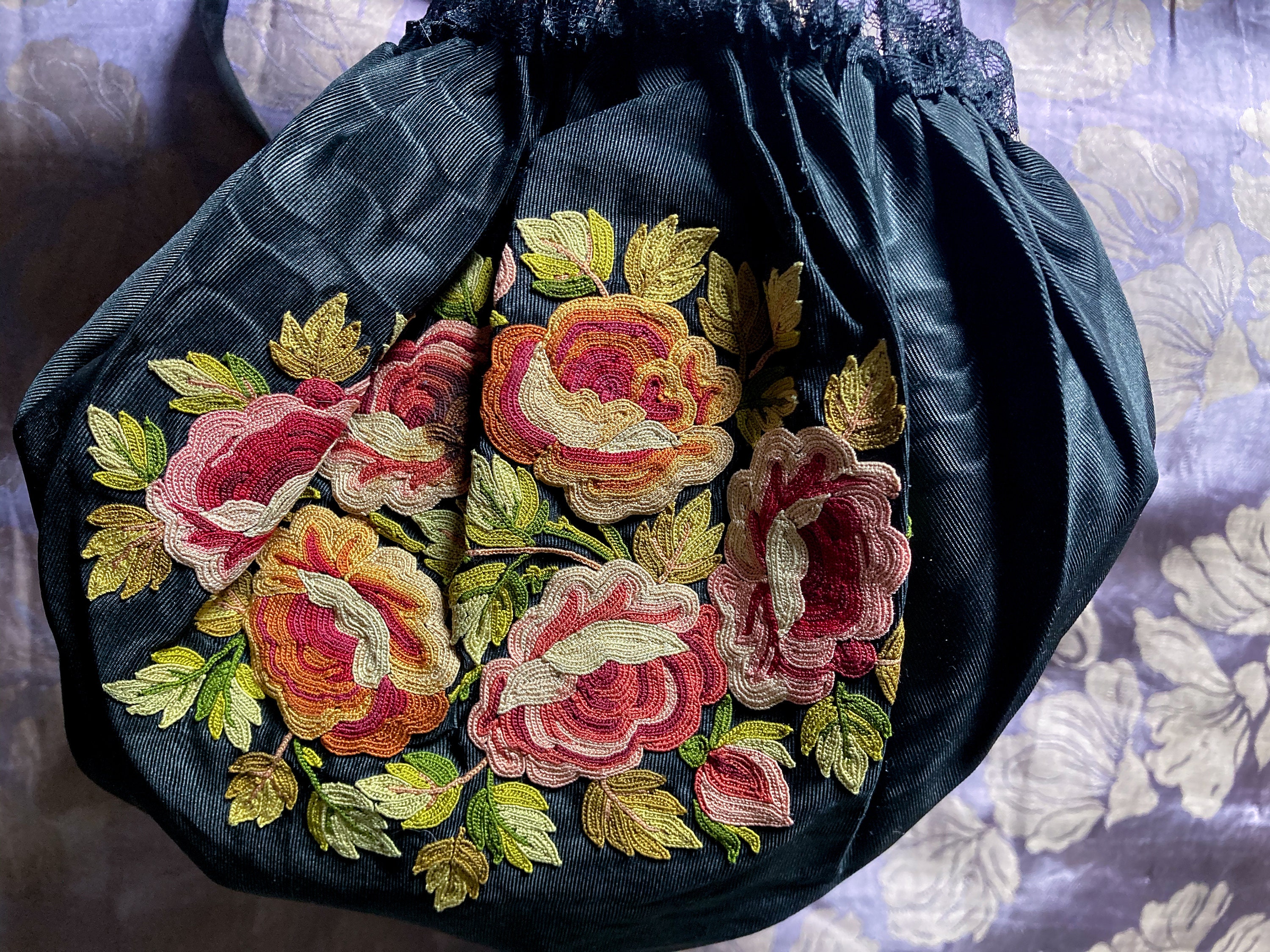 Antique Victorian Black Purse With Rose Floral Embroidery - Etsy